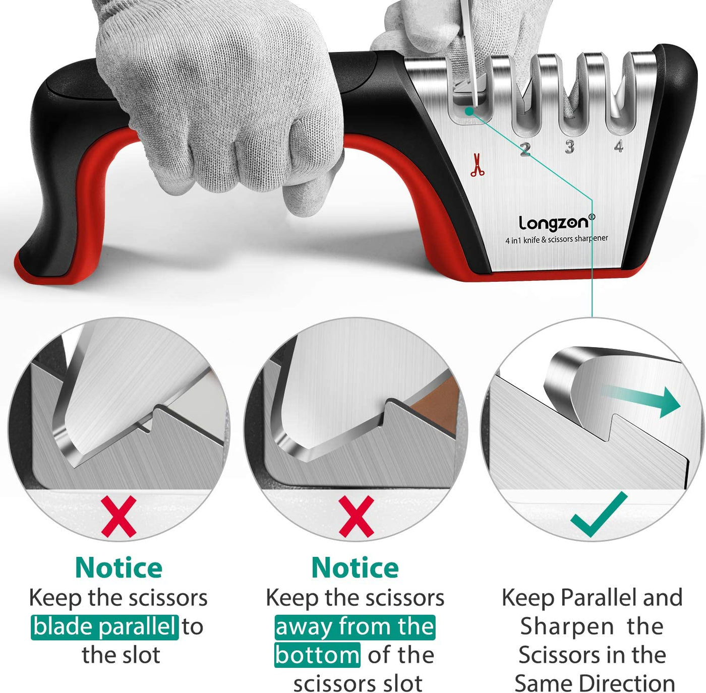 Longzon 4-in-1 Knife Sharpener [4 Stage] with a Pair of Cut-Resistant