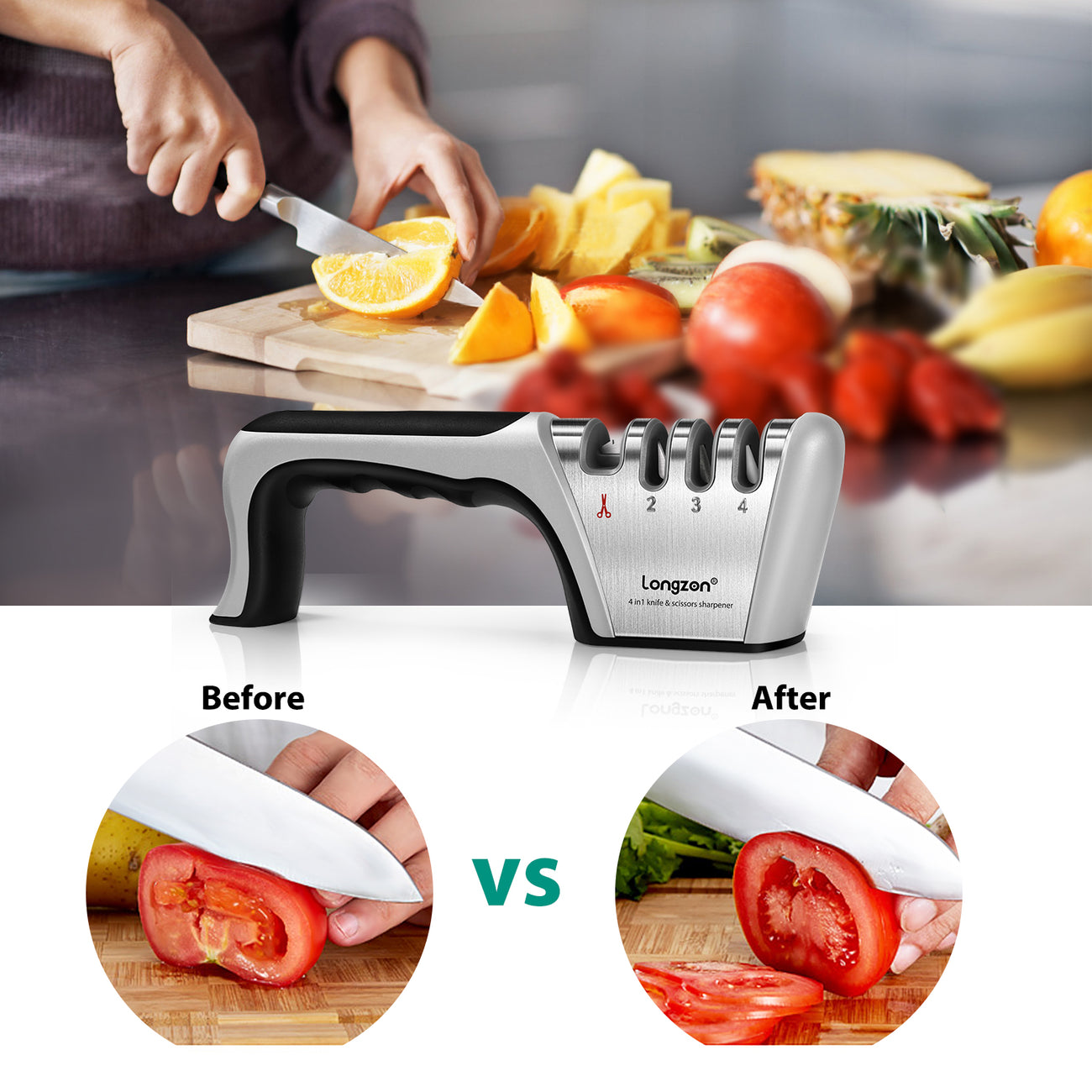 4-in-1 longzon [4 stage] Knife Sharpener with a Pair of Cut-Resistant